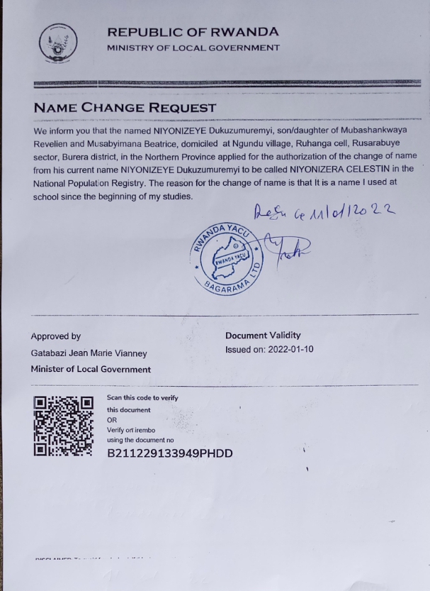 NAME CHANGE REQUEST: NIYONIZEYE DUKUZUMUREMYI - Rwandayacu